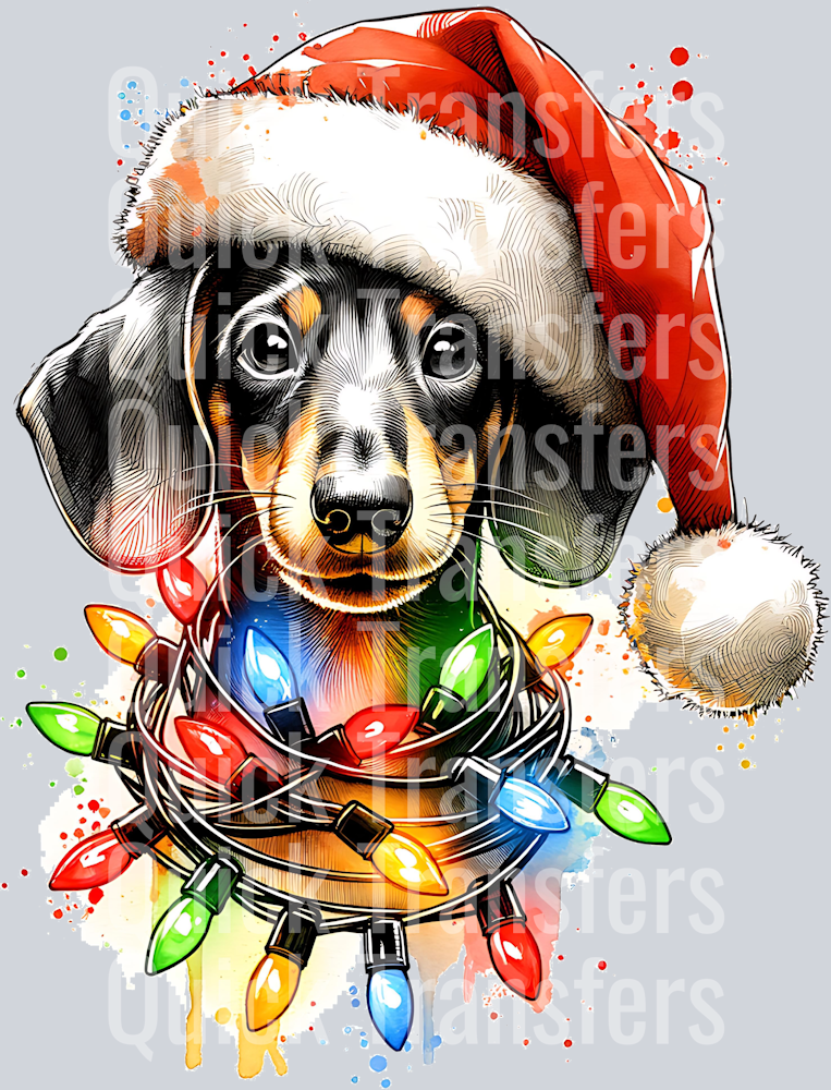 Whimsical Dachshund Santa Hat And Christmas Lights Transfer – Quick ...