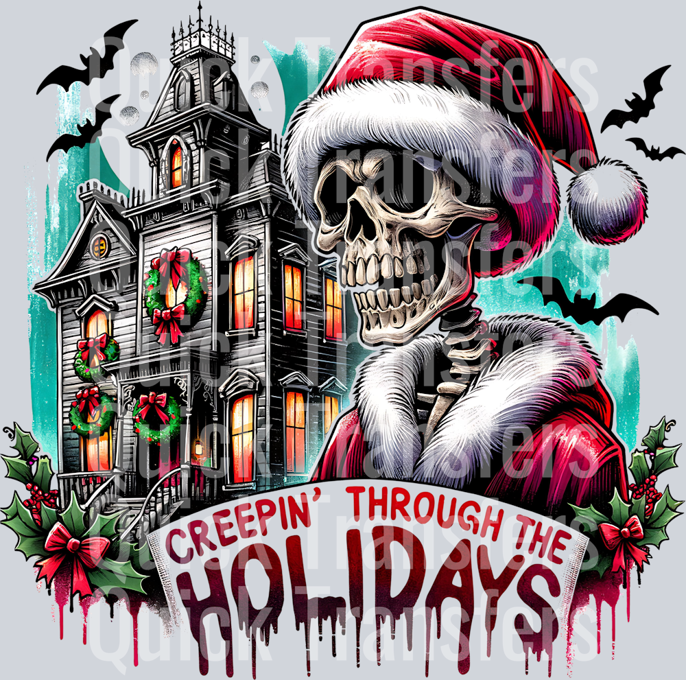 Creepin Through The Holidays Spooky Santa Skeleton Transfer – Quick ...