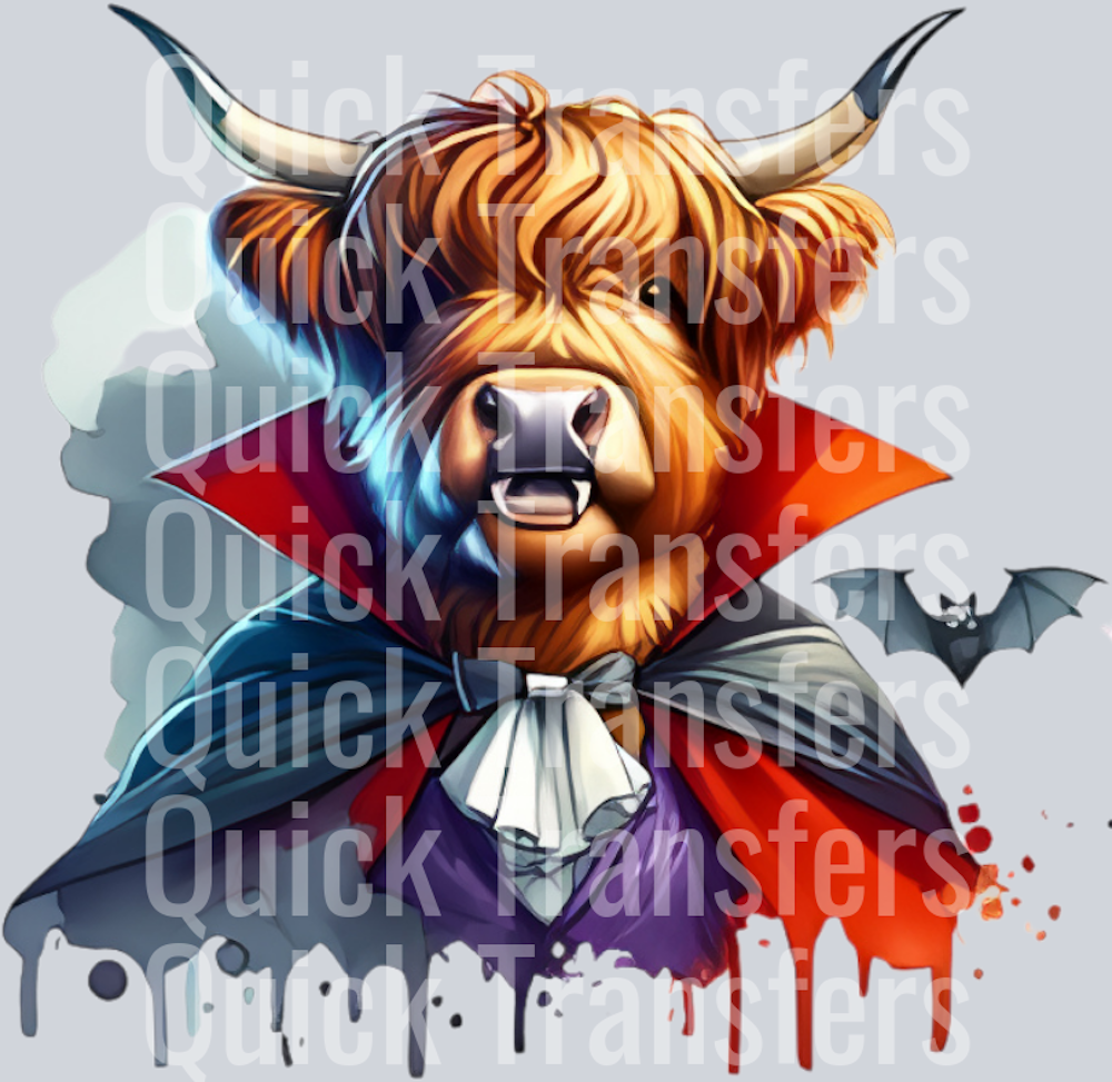 Spooky Vampire Highland Cow Halloween Watercolor Transfer – Quick Transfers