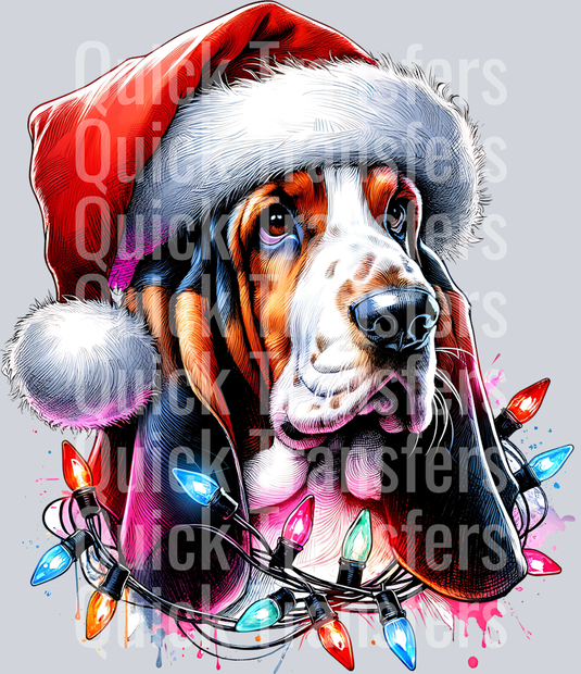 Festive Basset Hound In Santa Hat With Colorful Christmas Lights Water ...